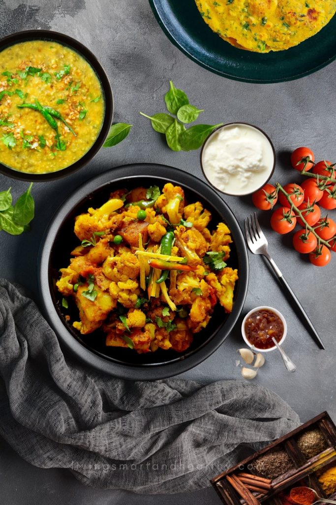 Aloo Gobi Matar [Spiced Potato Cauliflower Peas] - Living Smart And Healthy